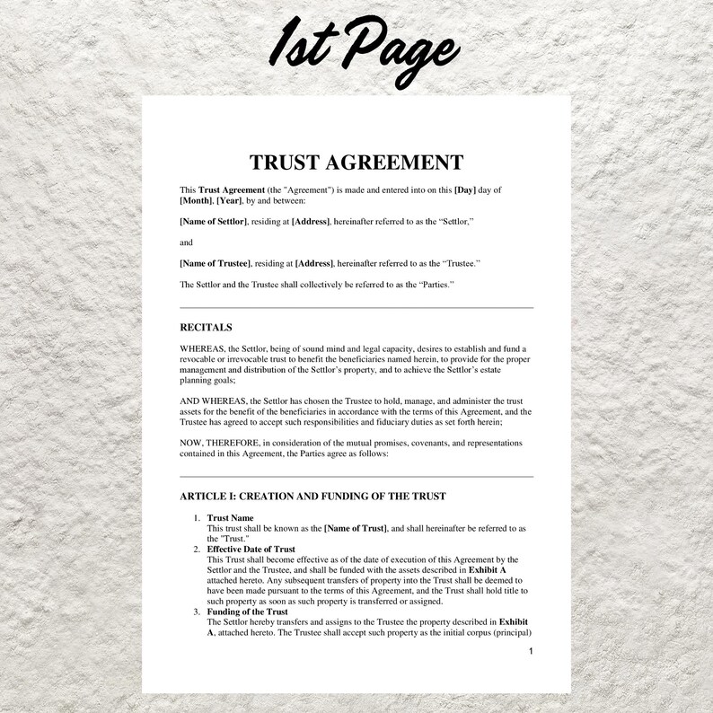 Editable Trust Agreement Template: Estate Planning Document (microsoft ...
