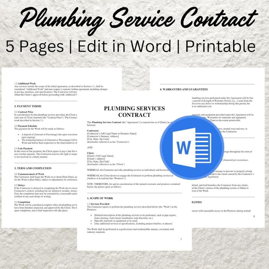 Plumbing Contract Template Editable Service Agreement Printable ...