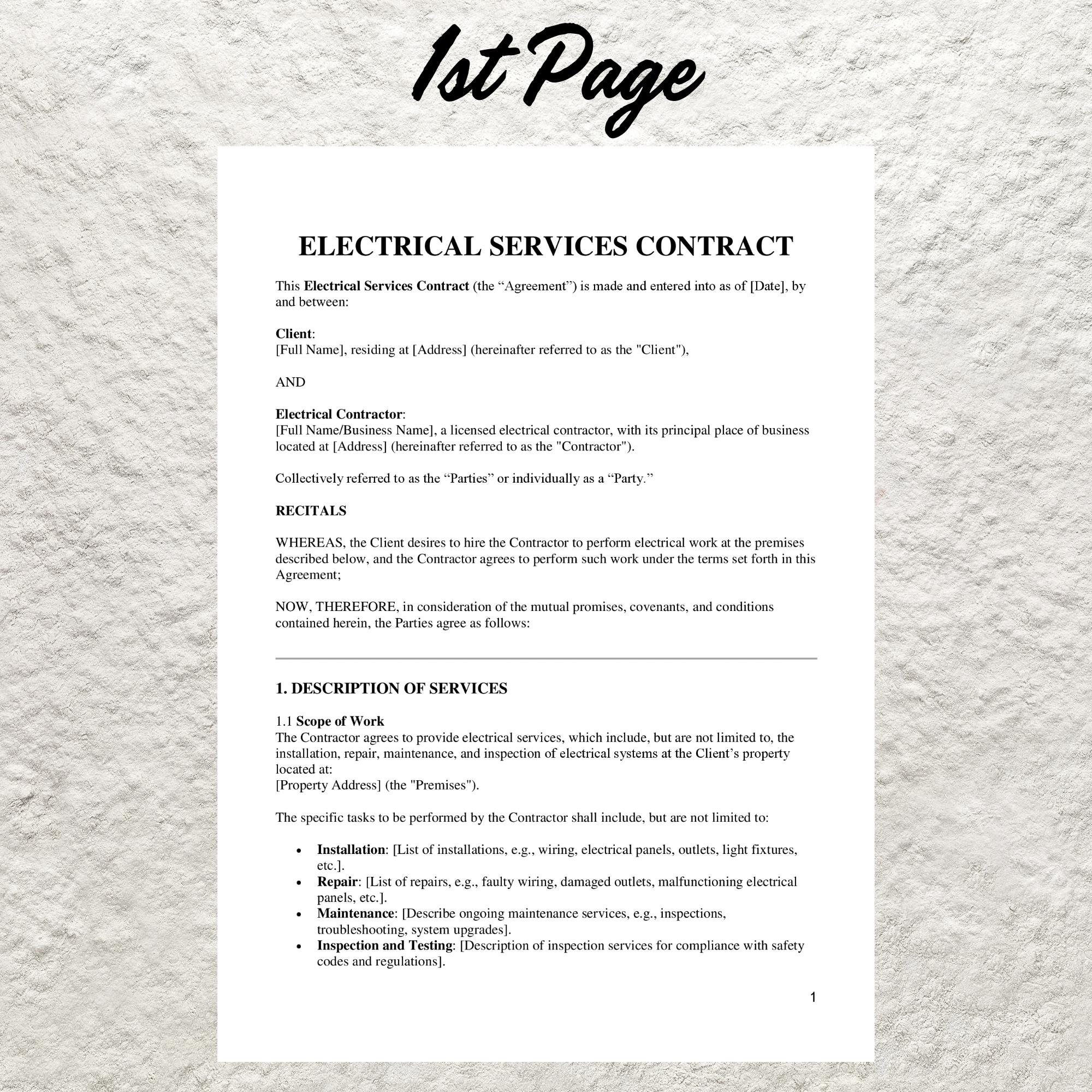 Electrical Services Contract Template: Editable Electrician Agreement ...