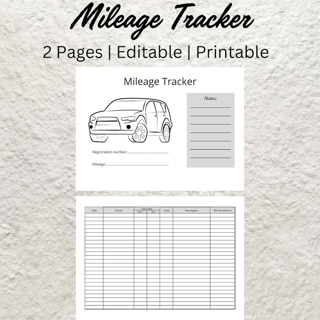 Editable Mileage Tracker Template Printable Mileage Log Work Trip Miles ...