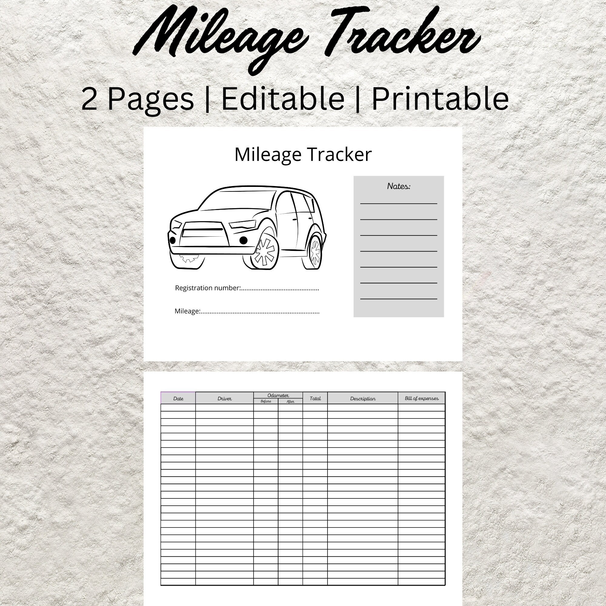 Editable Mileage Tracker Template Printable Mileage Log Work Trip Miles ...