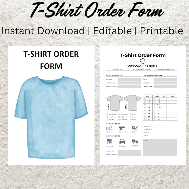 Editable T-shirt Order Form Template Printable T Shirt Order Form Blank ...