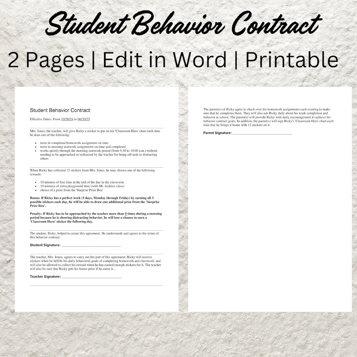 Student Behavior Contract Template Printable Classroom Behavior ...