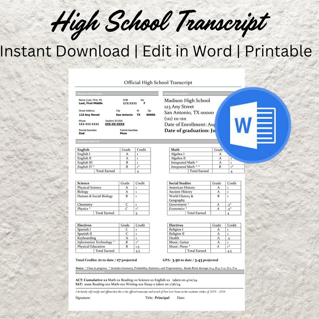 Fillable Printable Highschool Transcript Template Editable Homeschool ...