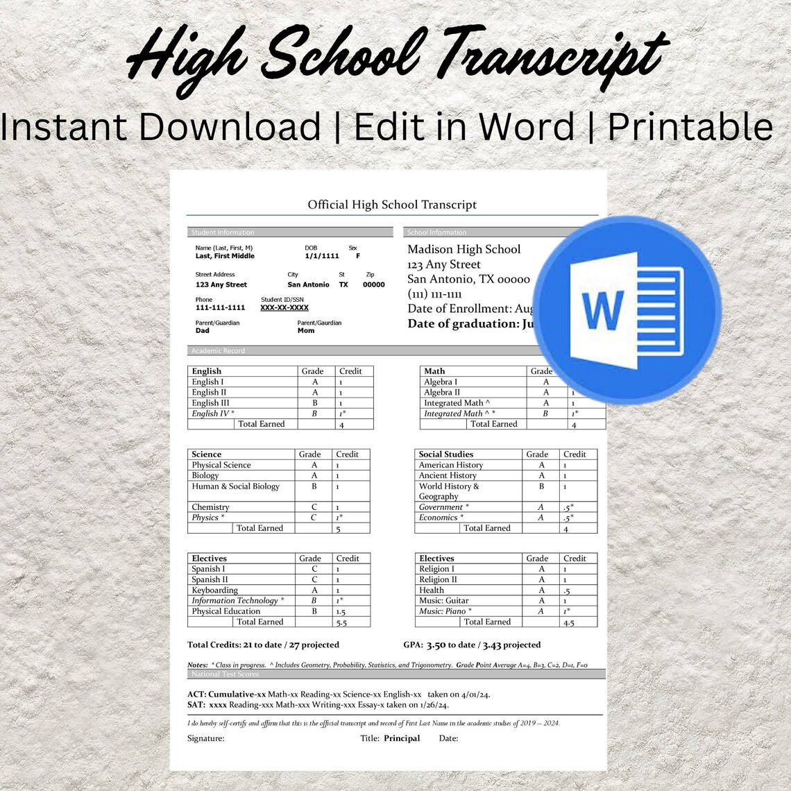 Fillable Printable Highschool Transcript Template Editable Homeschool ...