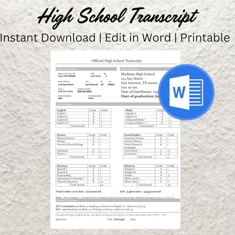 Fillable Printable Highschool Transcript Template Editable Homeschool ...