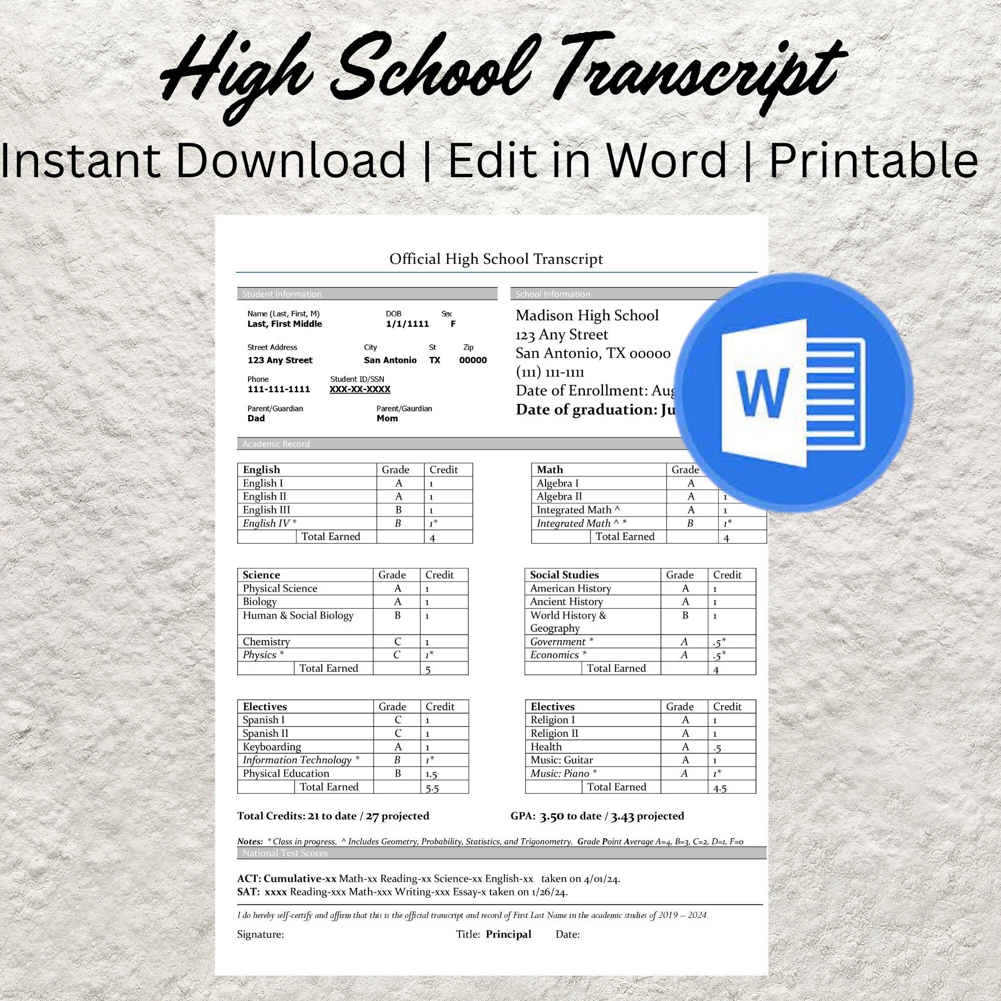 Fillable Printable Highschool Transcript Template Editable Homeschool ...