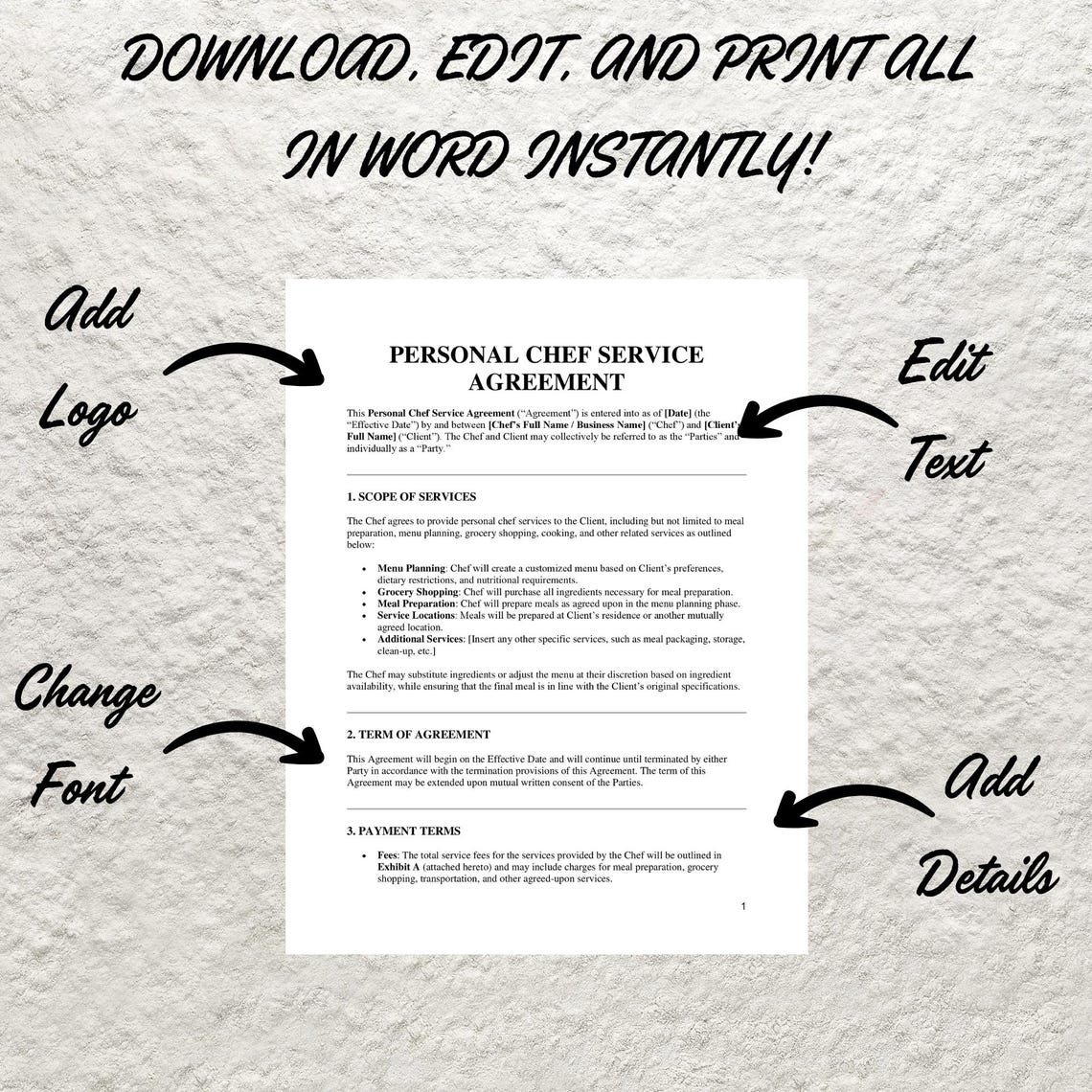 Personal Chef Contract Template: Intake & Invoice Forms (editable Word ...
