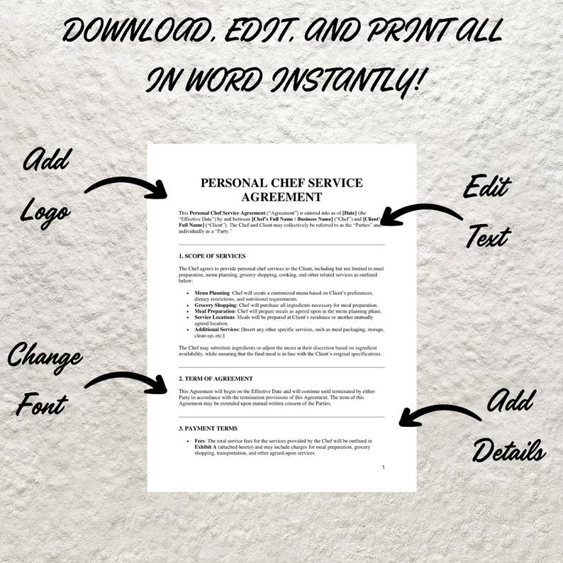 Personal Chef Contract Template Editable Personal Chef Service ...