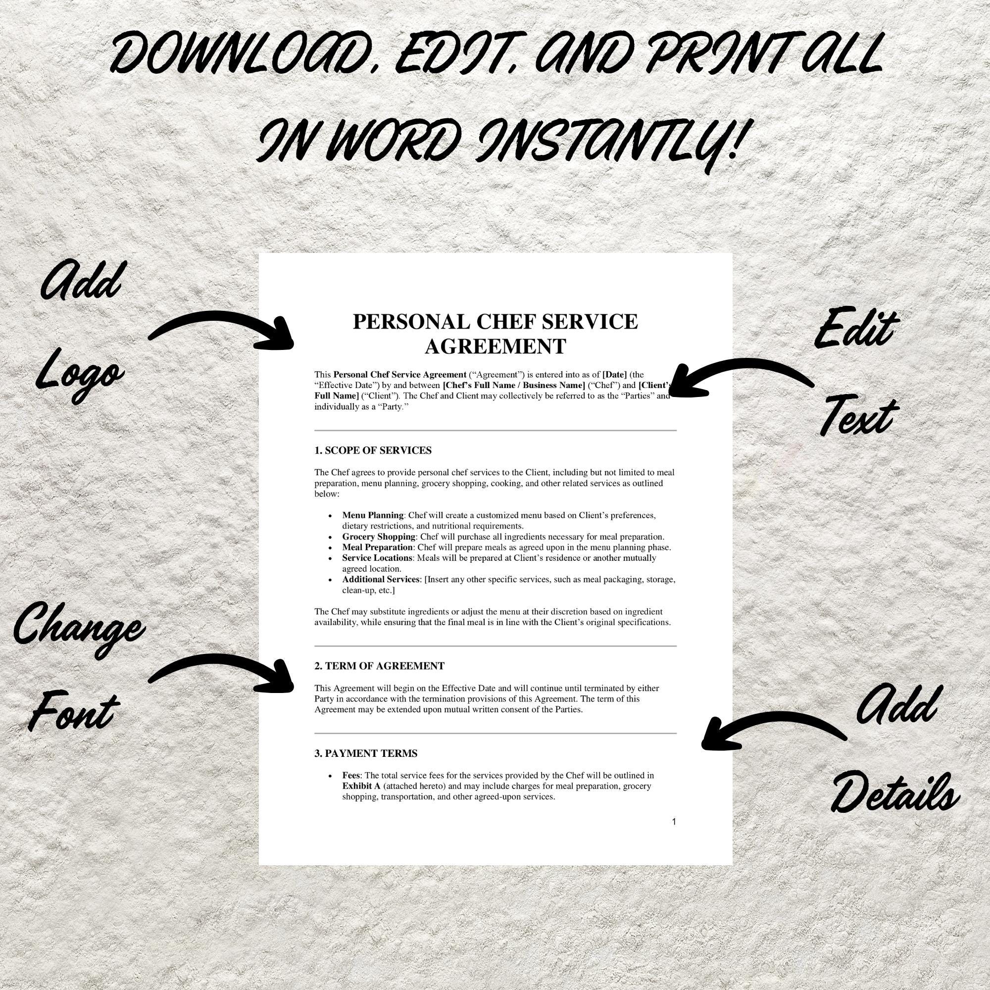 Personal Chef Contract Template: Intake & Invoice Forms (editable Word ...
