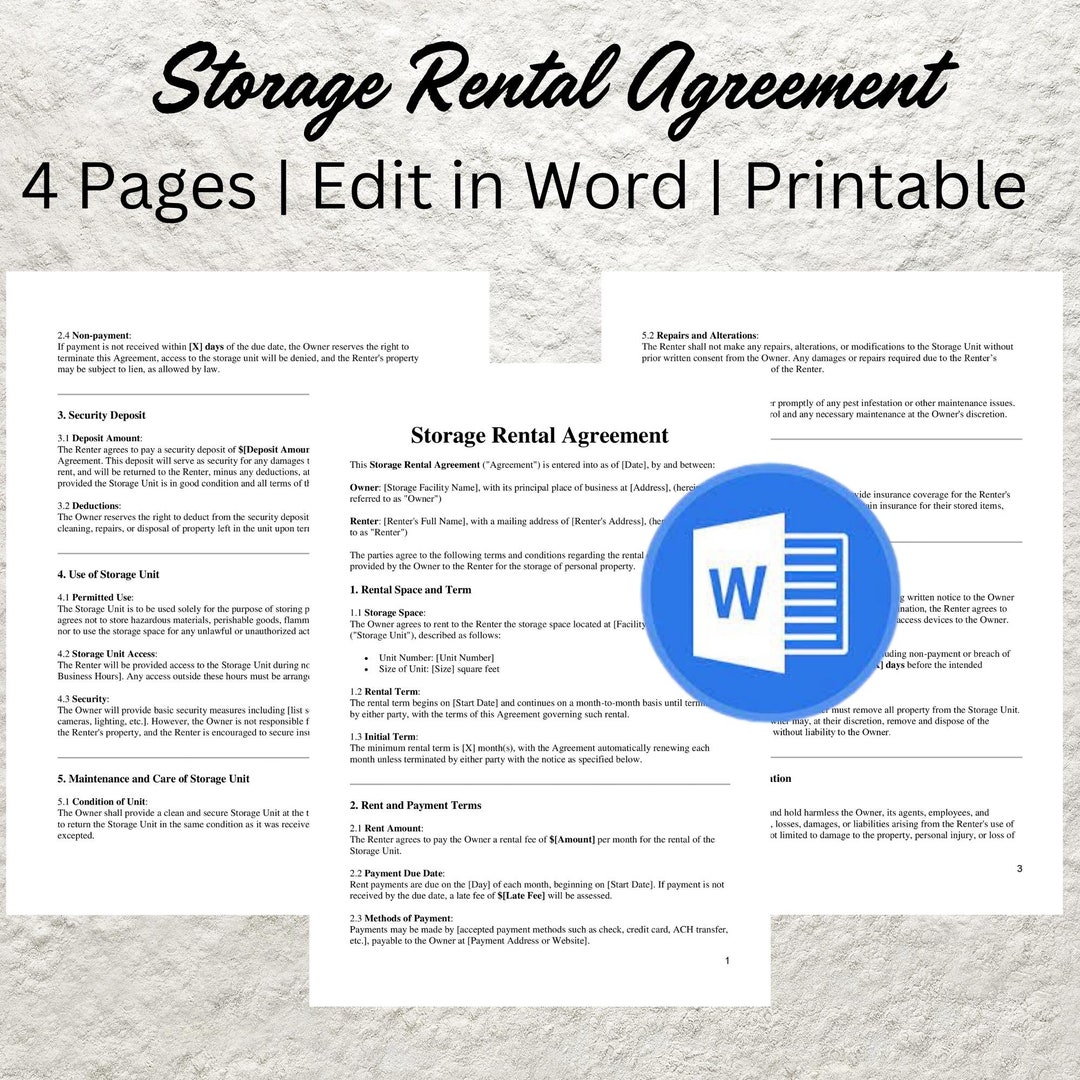 Storage Rental Contract Template Editable Storage Space Rental ...