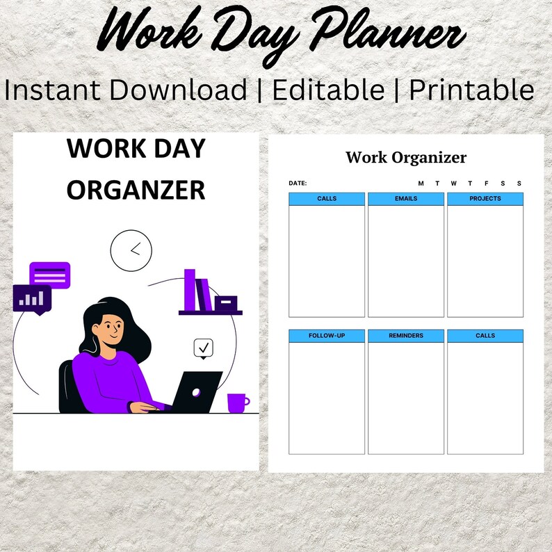 Work Day Organizer Template Printable Work Day Planner Work From Home to Do List Office ...