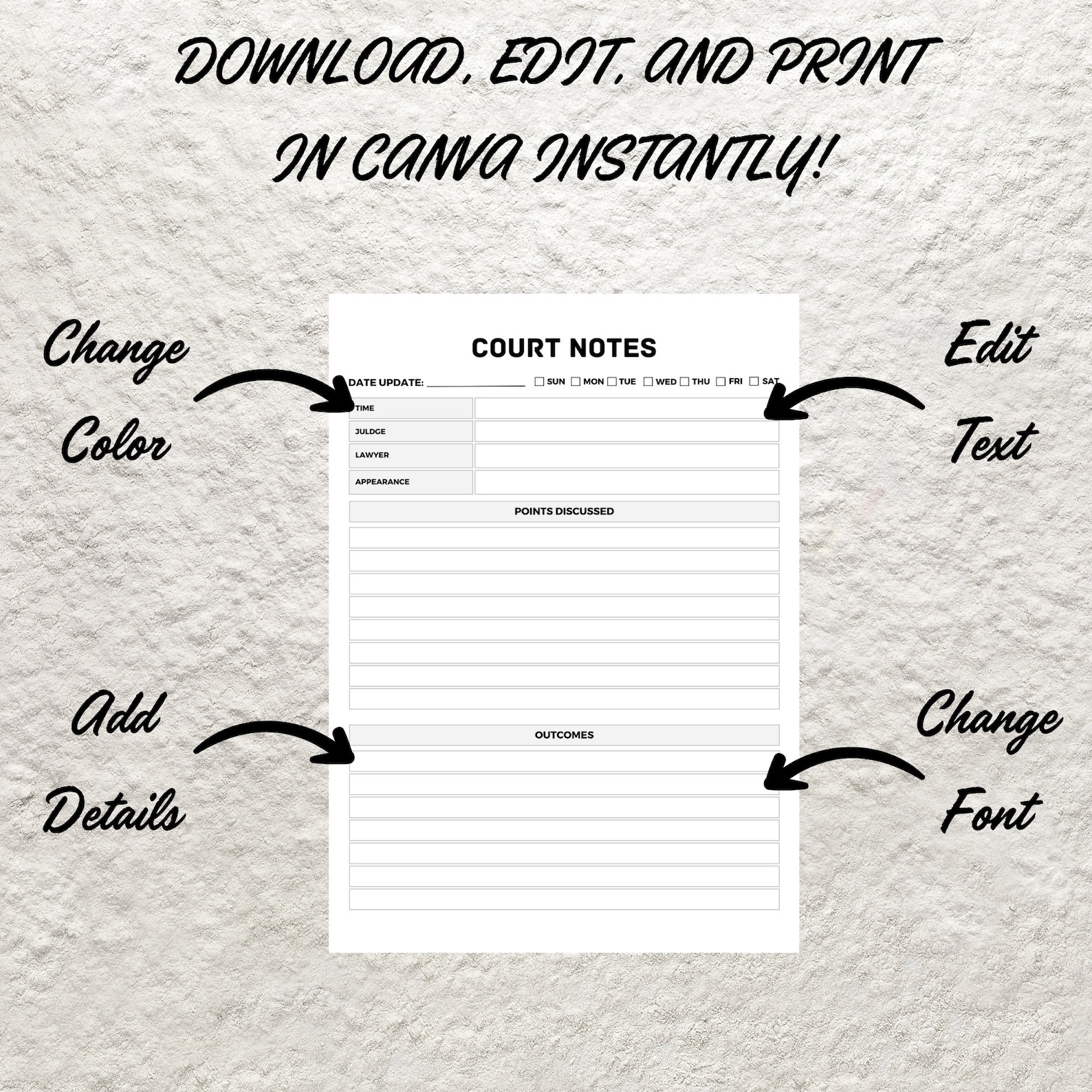 Editable Court Notes Template, Printable Legal Case Tracker (digital ...