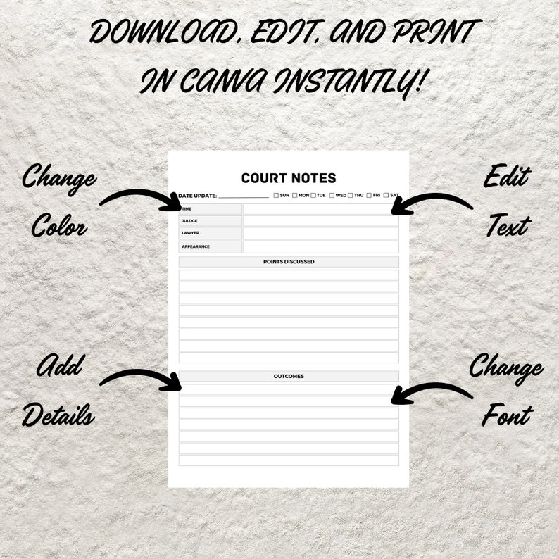Editable Court Notes Template, Printable Legal Case Tracker (digital ...
