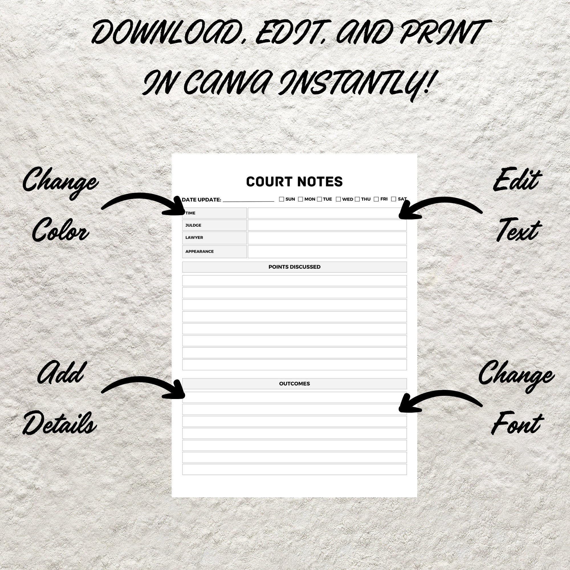 Printable Court Notes Template Court Battle Record Notes Court Case ...
