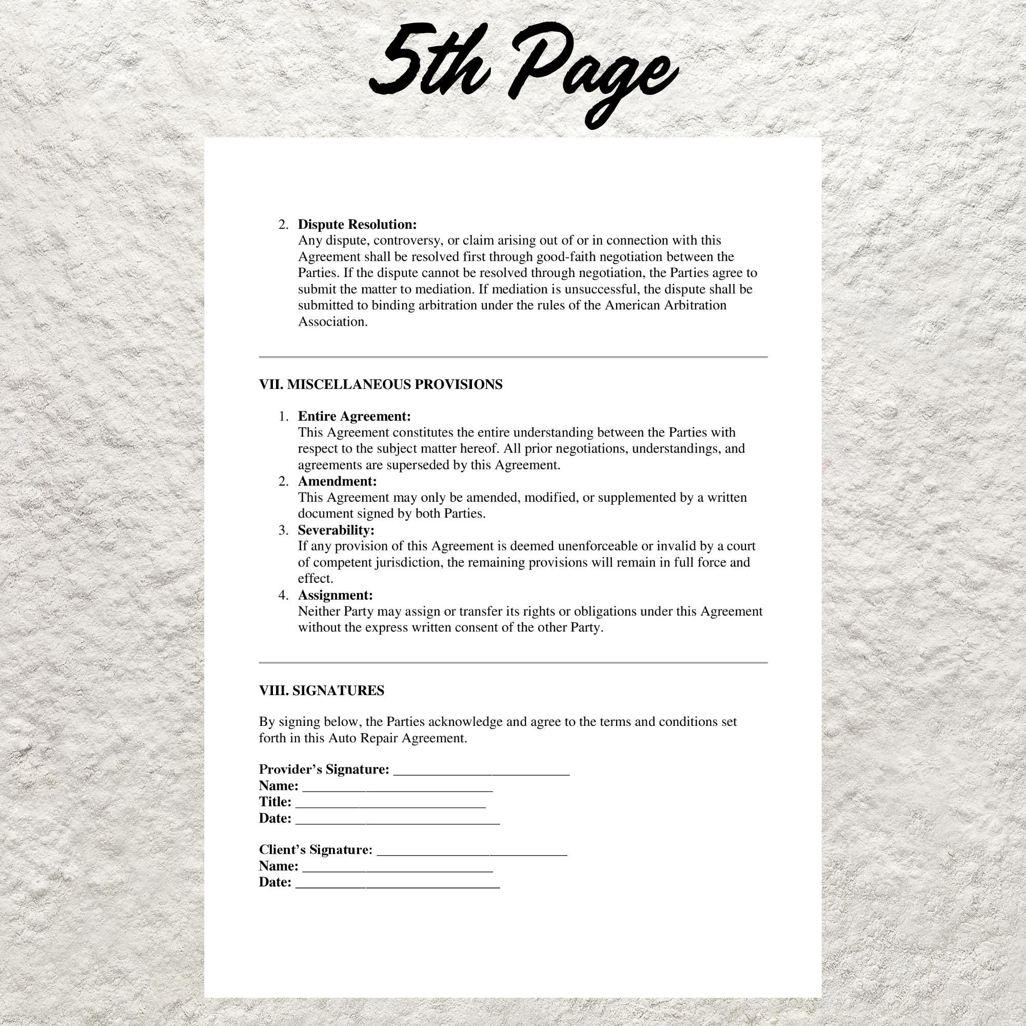 Auto Repair Service Agreement Template: Editable Mechanic Contract ...