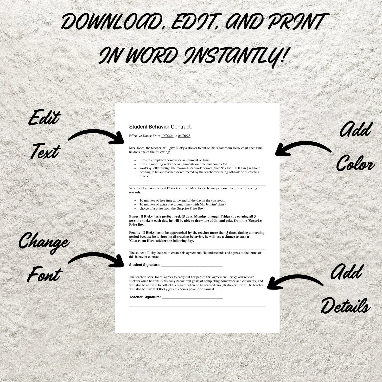 Student Behavior Contract Template Printable Classroom Behavior ...