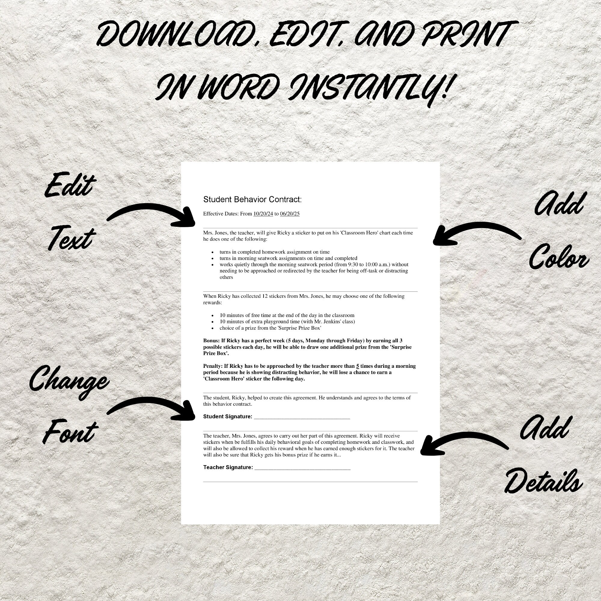 Student Behavior Contract Template, Classroom Management (printable ...