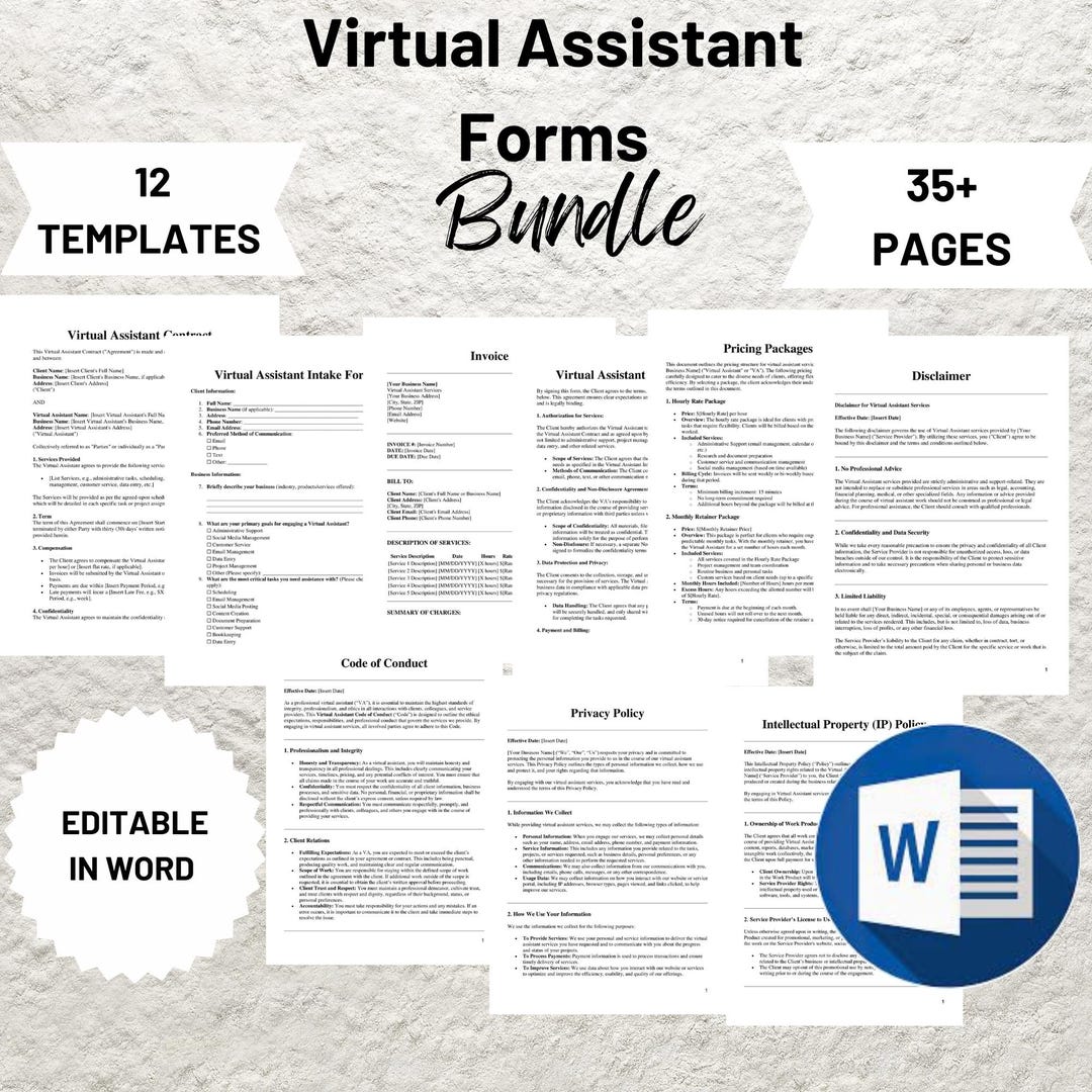 Virtual Assistant Forms Bundle: Editable Business Templates (instant ...