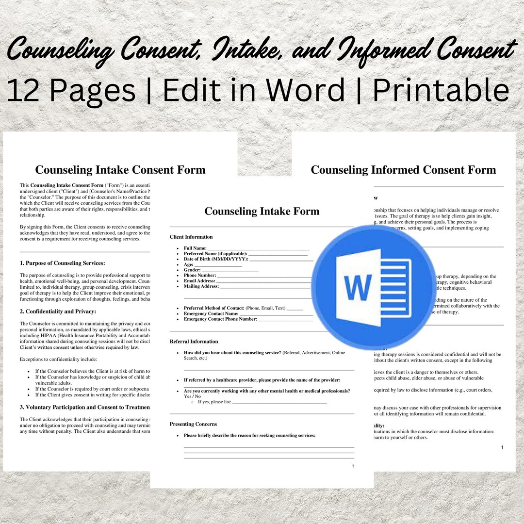 Counseling Intake Form Editable Informed Consent Printable ...