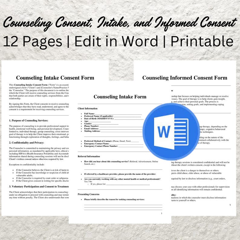 Counseling Intake Form Editable Informed Consent Printable ...