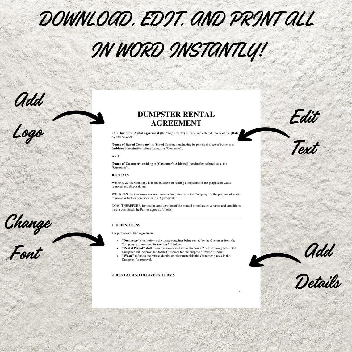 Dumpster Rental Agreement Template: Editable Waste Disposal Contract ...