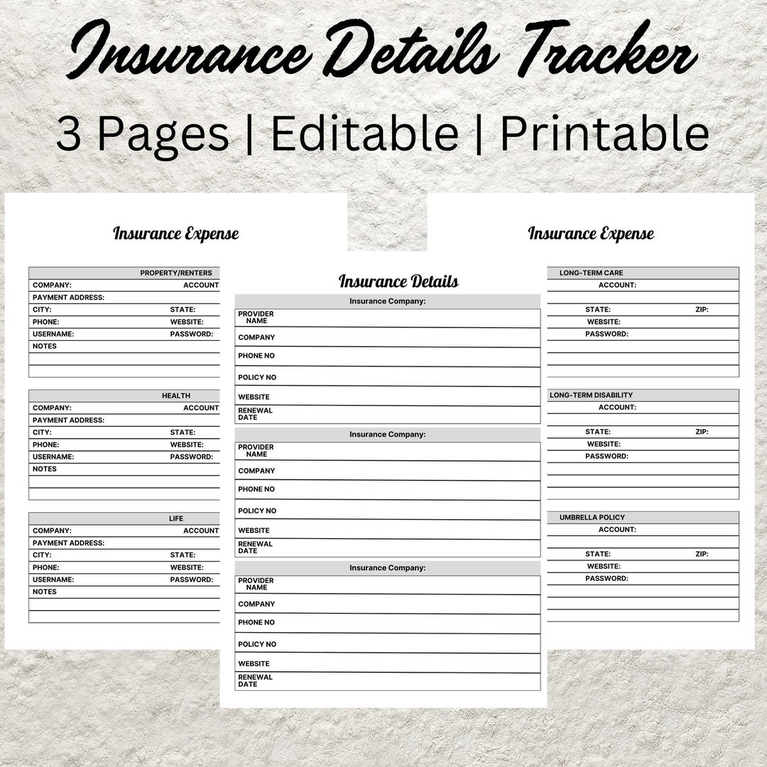Insurance Details Information Tracker Planner Printable Insurance ...