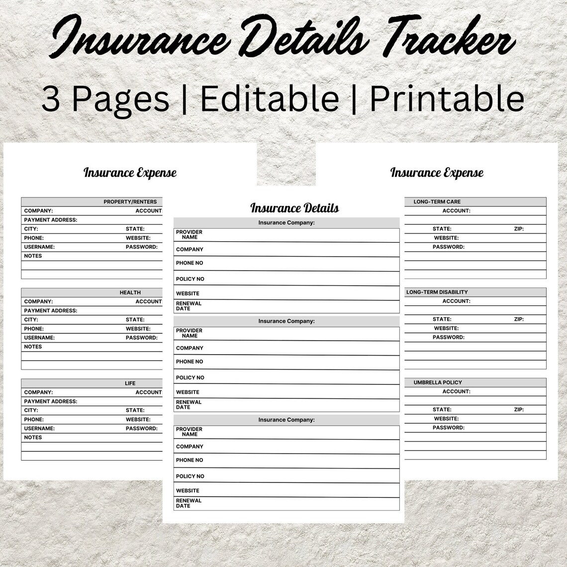 Insurance Details Information Tracker Planner Printable Insurance ...