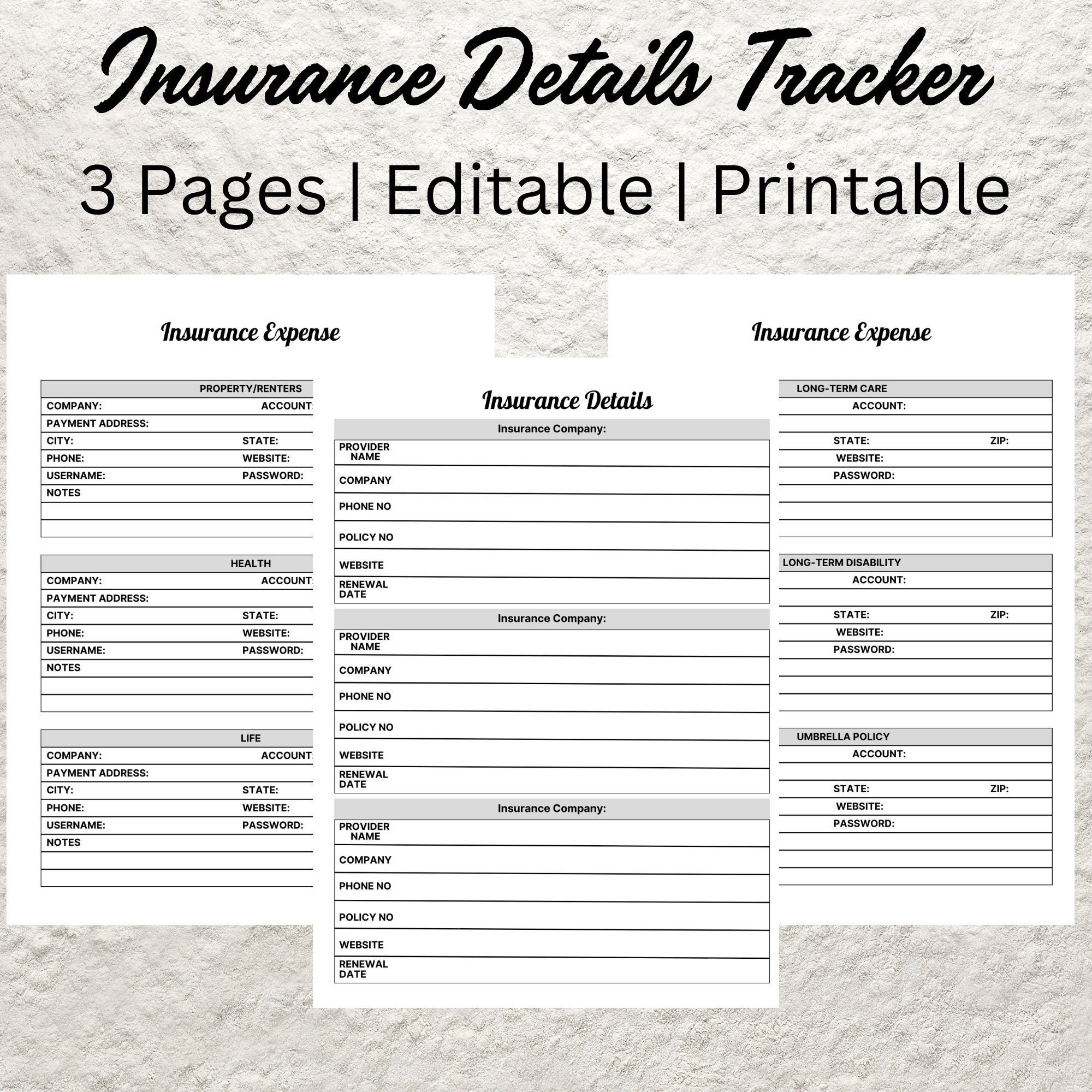 Insurance Details Information Tracker Planner Printable Insurance ...