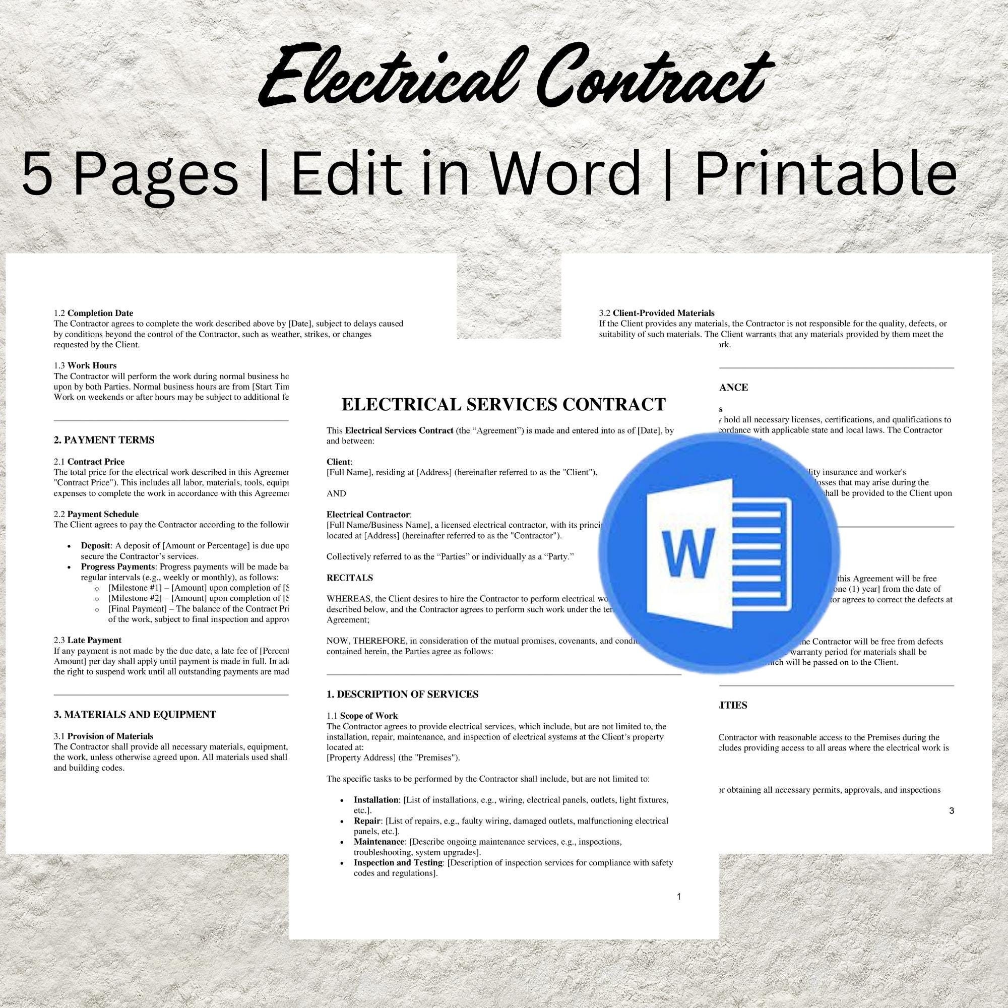 Electrical Services Contract Template: Editable Electrician Agreement ...