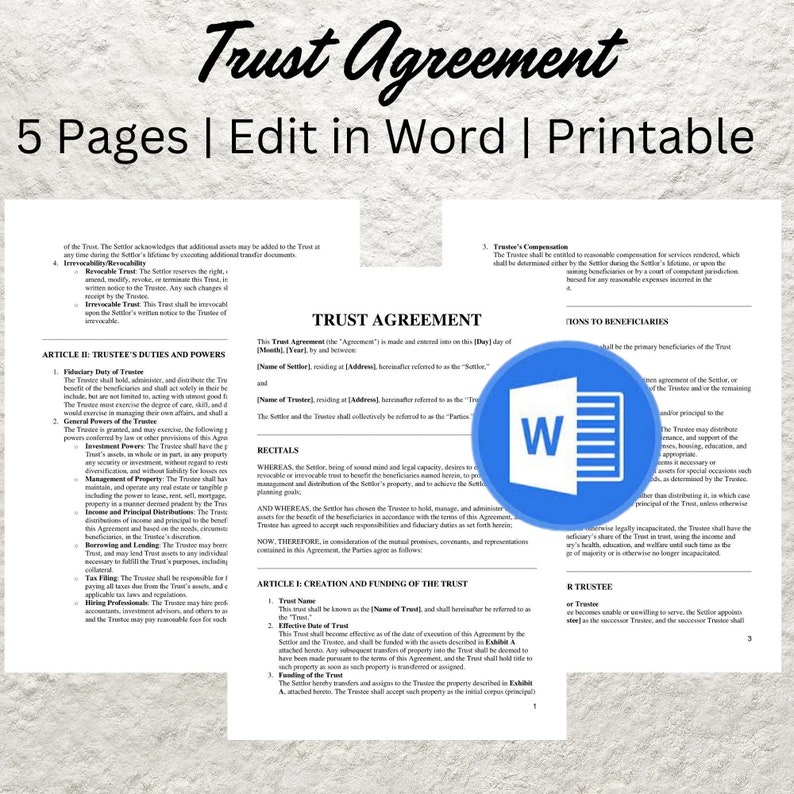 Editable Trust Agreement Template: Estate Planning Document (microsoft ...