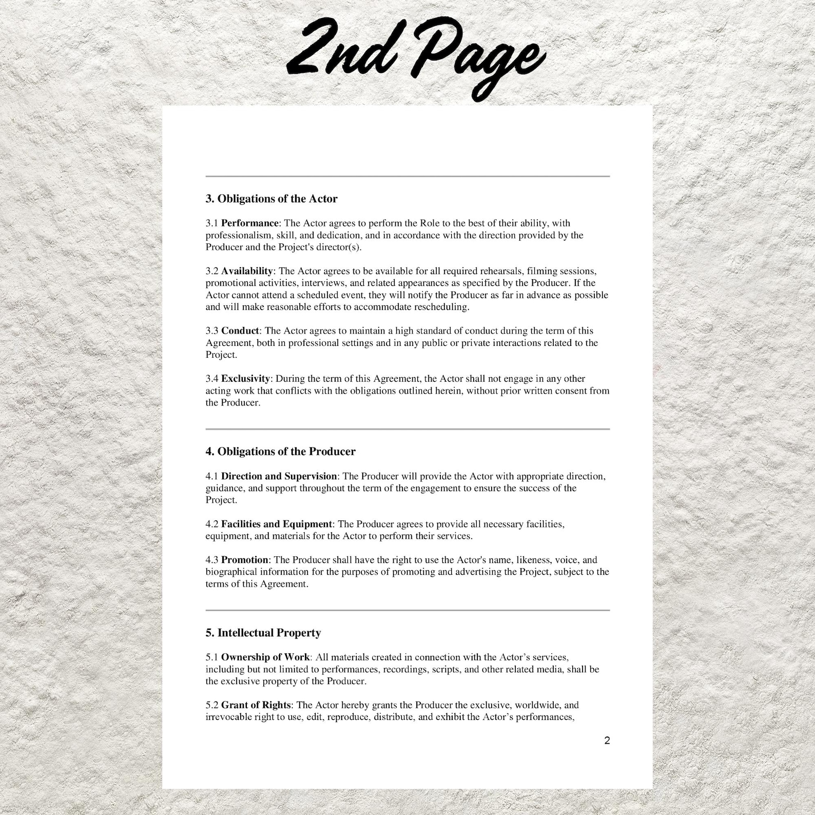 Professional Actor Contract Template Editable Actor Agreement Printable ...
