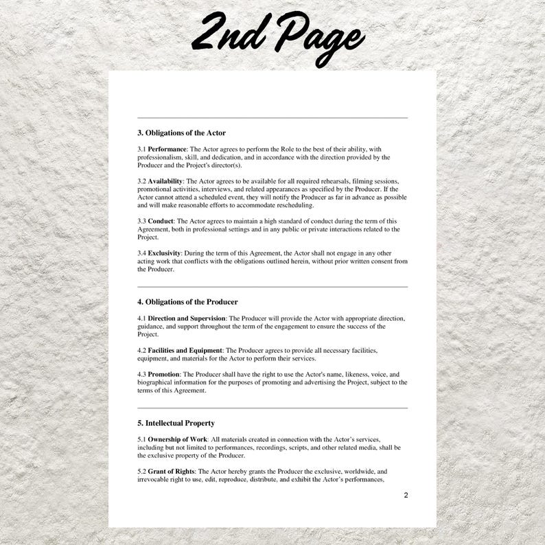 Professional Actor Contract Template Editable Actor Agreement Printable ...