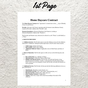 Editable Home Daycare Contract Template: Printable Childcare Agreement ...