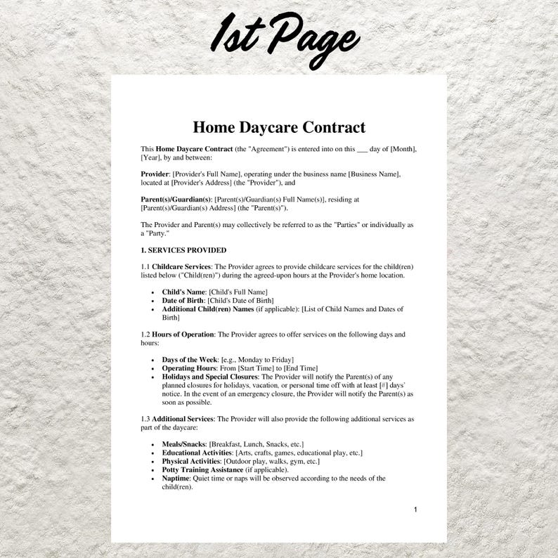 Editable Home Daycare Contract Template: Printable Childcare Agreement ...