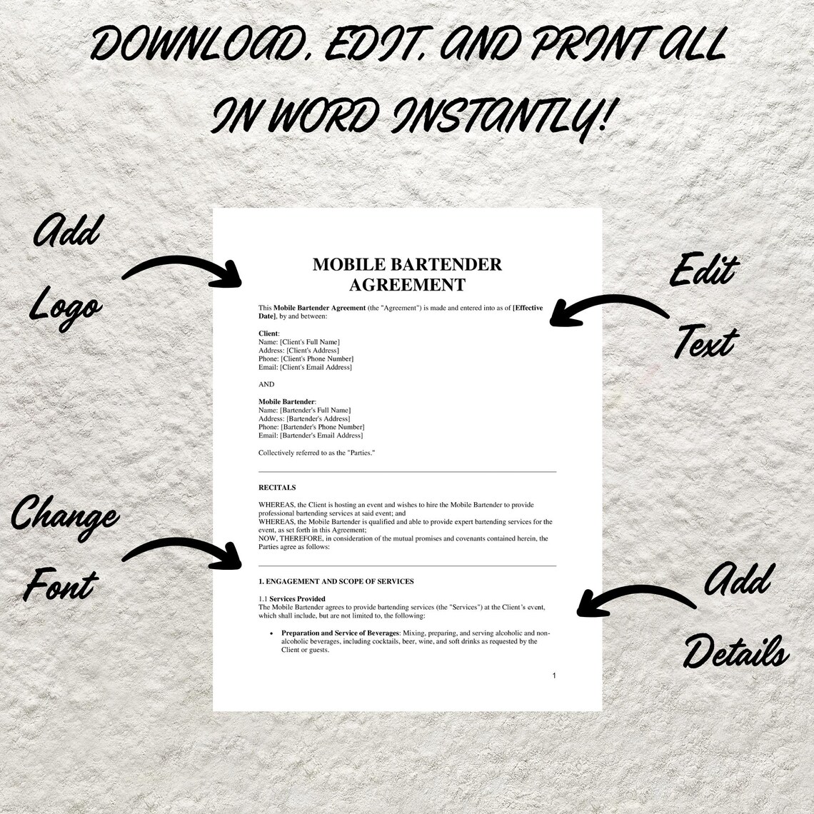 Mobile Bar Contract Template: Editable Bartending Service Agreement - Etsy