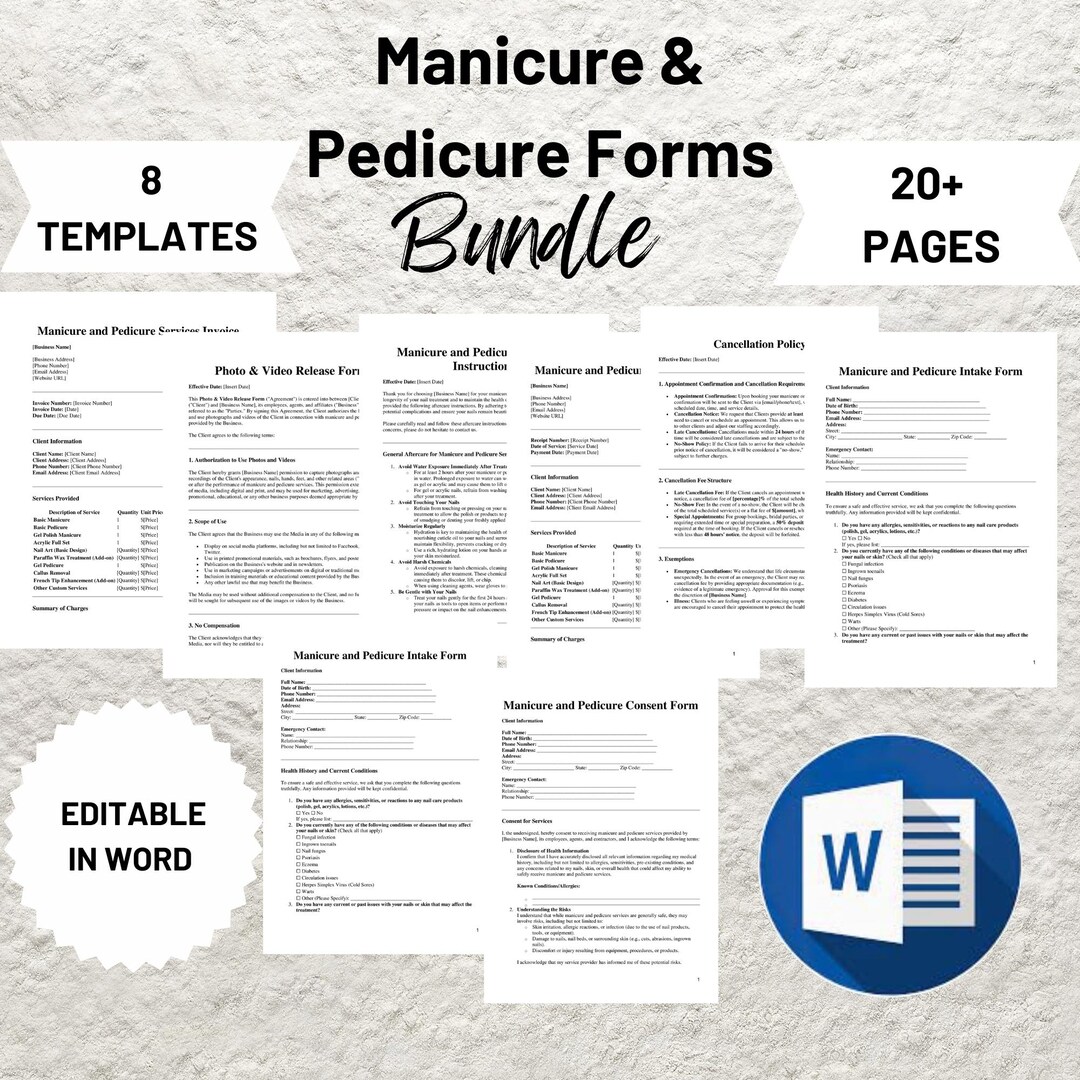 Editable Manicure Pedicure Forms Bundle: Nail Tech Client Intake ...
