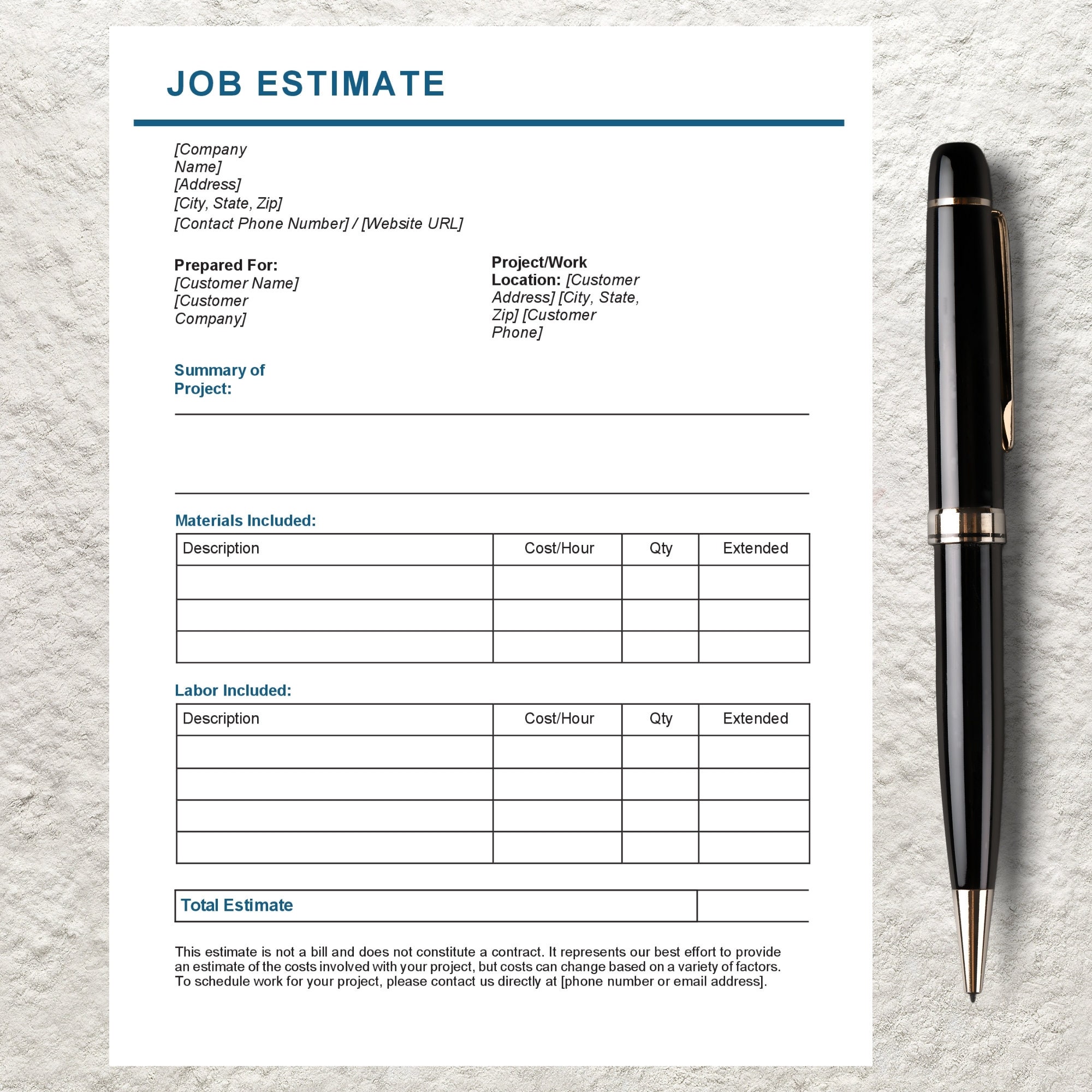 Editable Contractor Estimate Template, Printable Construction Bid (word ...