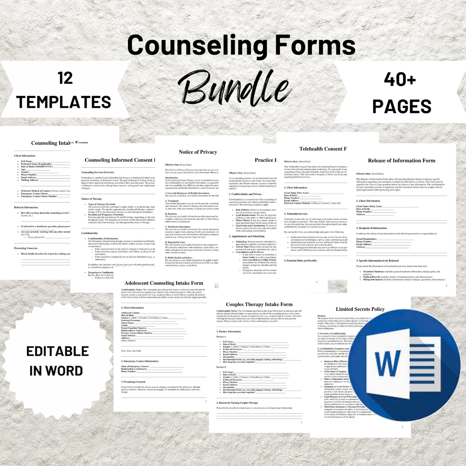 Editable Counseling Forms Bundle: Therapist Intake & Consent Templates ...
