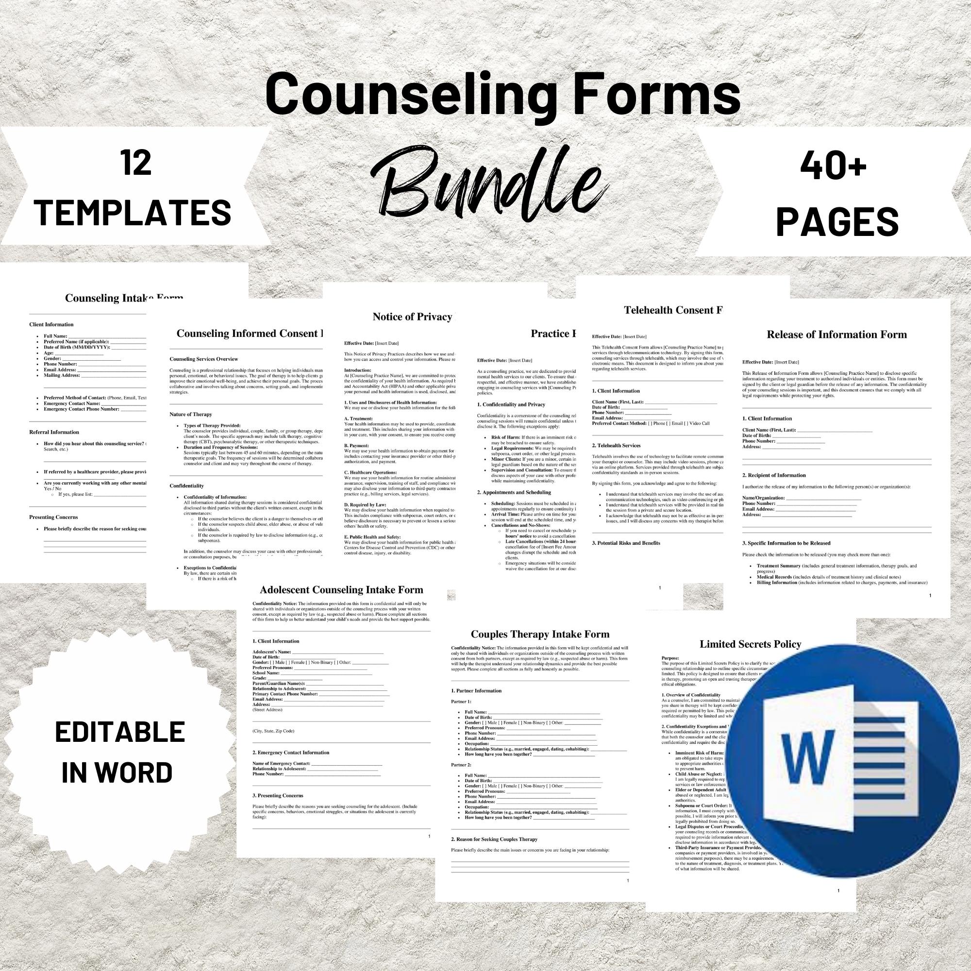 Editable Counseling Forms Bundle: Therapist Intake & Consent Templates ...