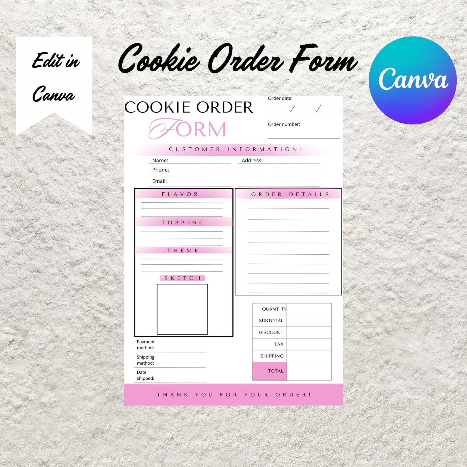Cookie Order Form Template Editable in Canva Bakery Order Form Receipt ...