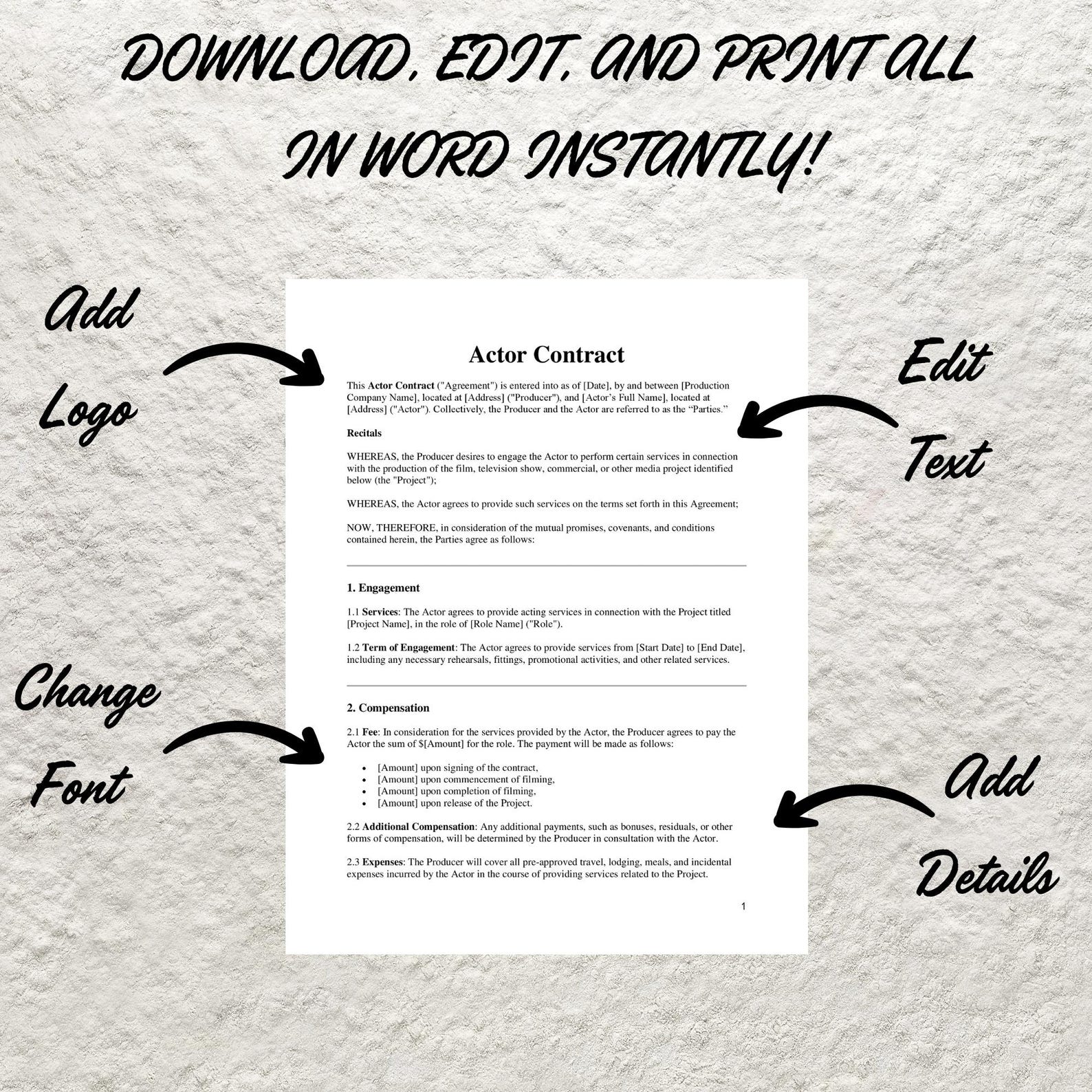 Professional Actor Contract Template Editable Actor Agreement Printable ...