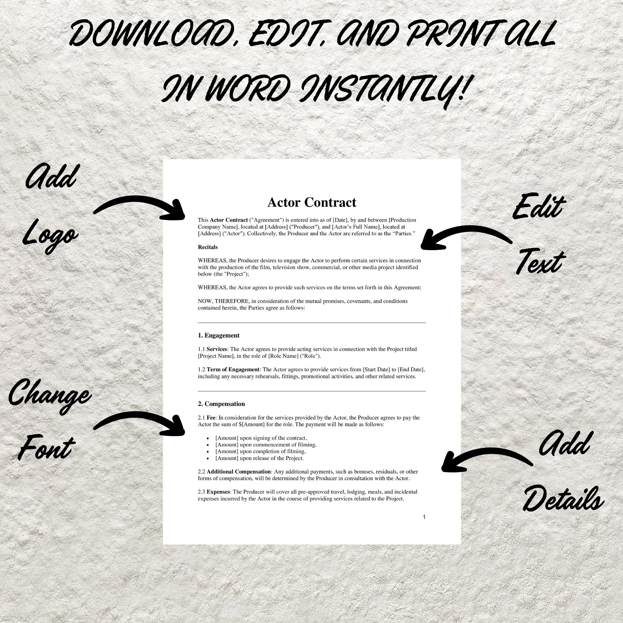 Professional Actor Contract Template Editable Actor Agreement Printable ...