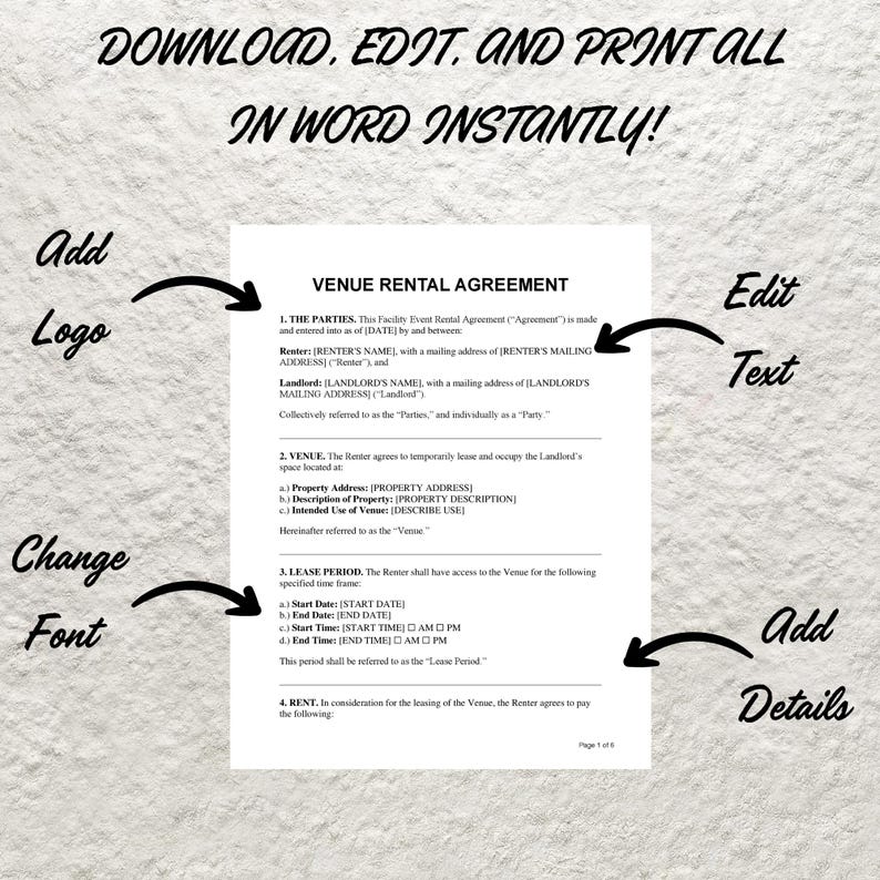 Editable Venue Rental Agreement Template (MS Word) - Etsy