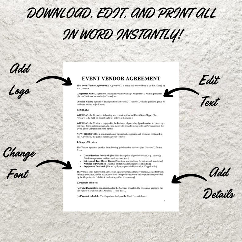 Event Vendor Contract Template Editable Event Vendor Agreement ...