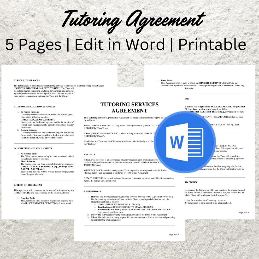 Tutoring Service Agreement Template Editable Tutoring Contract Form ...