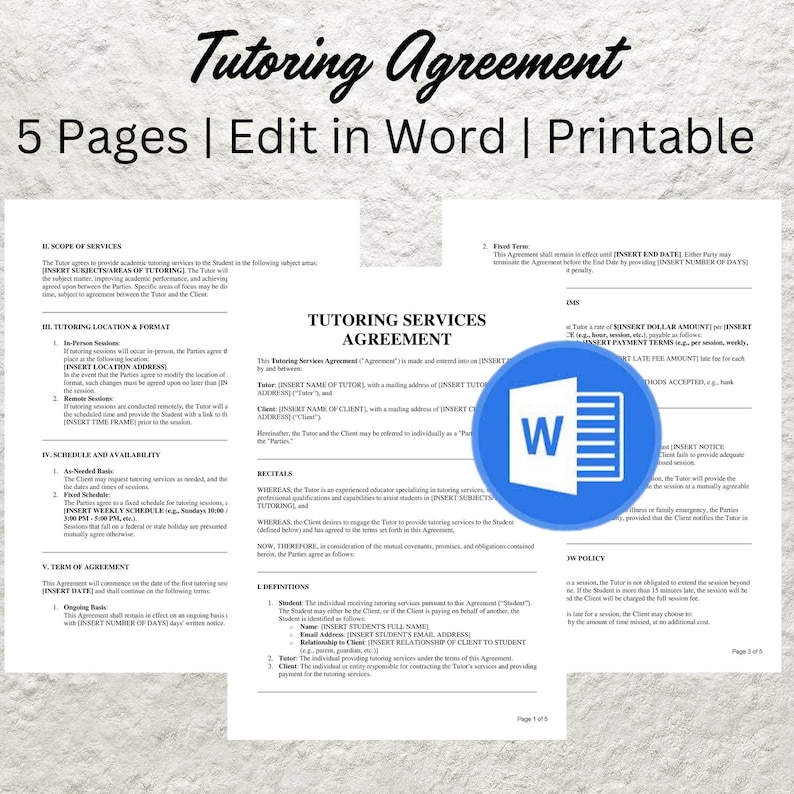 Editable Tutoring Service Agreement Template: Tutor Contract (word ...
