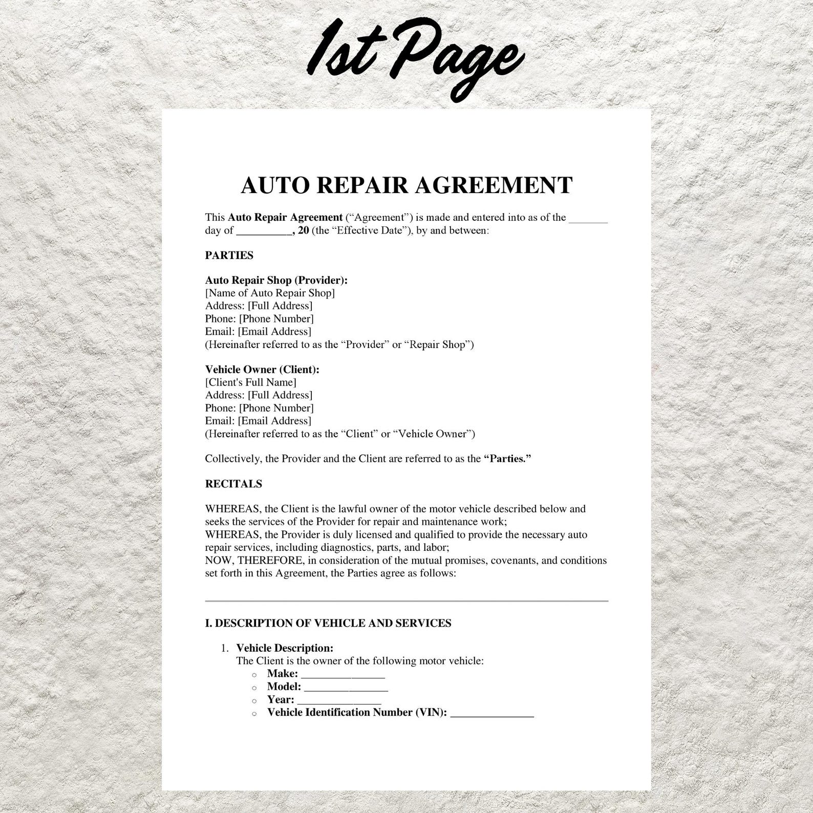 Auto Repair Service Agreement Template: Editable Mechanic Contract ...