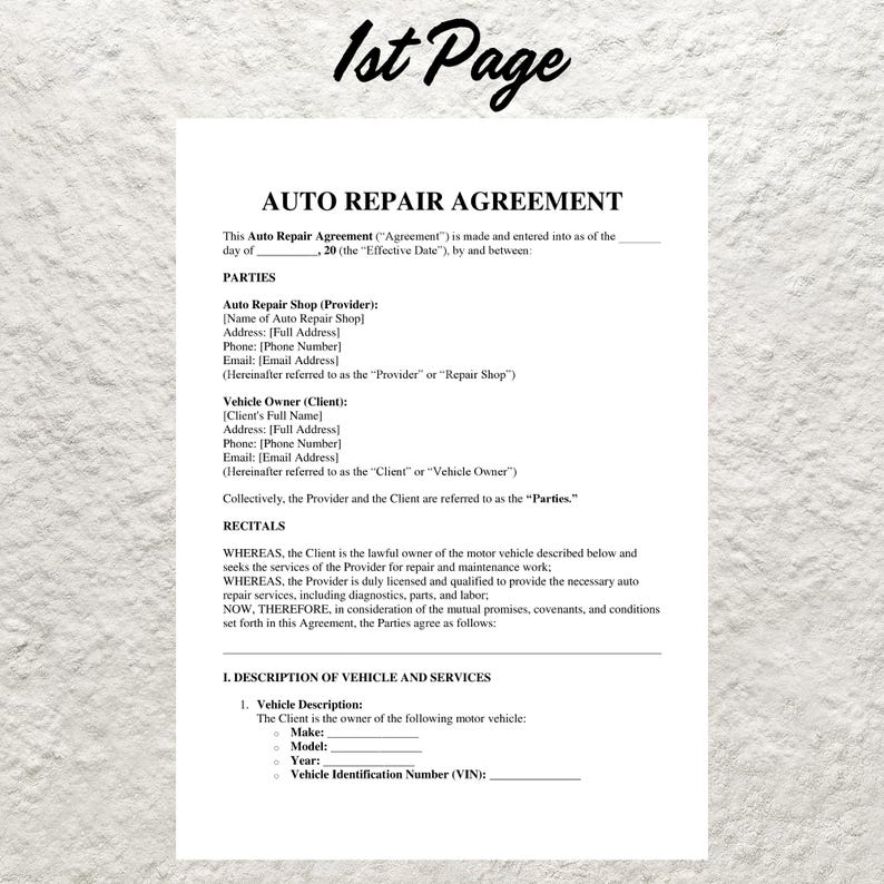 Auto Repair Contract Template Editable Service Agreement Printable ...