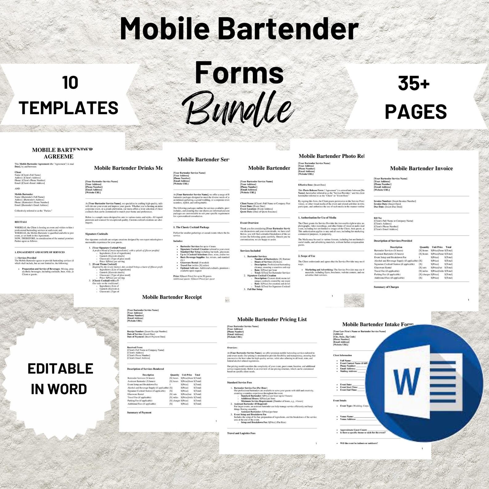 Mobile Bar Business Forms Bundle Editable Bartender Contract Printable ...